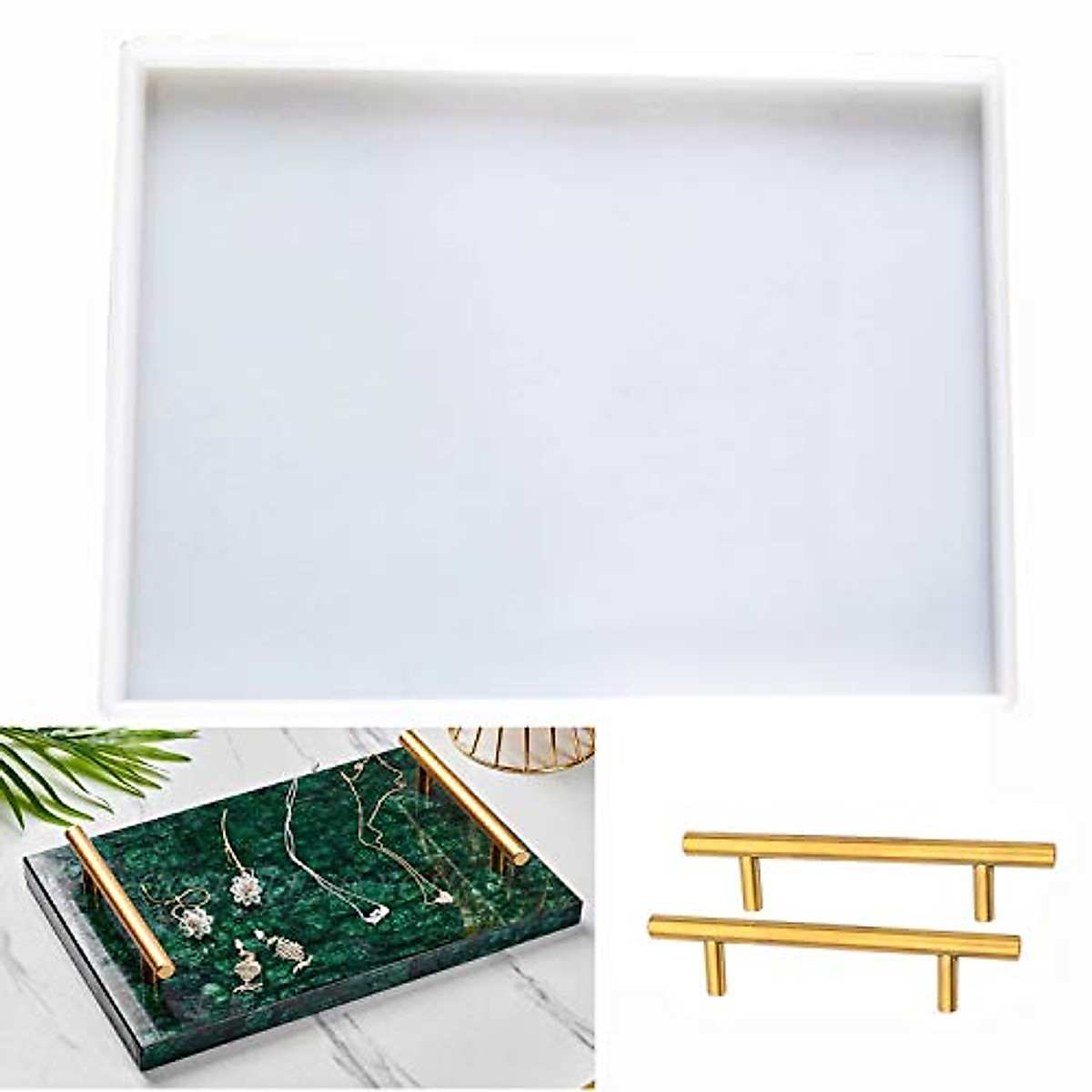 DSHE Silicone Mold Tray Geode 1pcs Agate Platter Molds and 2pcs Gold Handles, Epoxy Resin Casting Molds for Making Faux Agate Tray,Serving Board (molds with 2pcs handles)