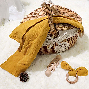 Baby Lovey, Wood Rattle, Teether Ring, 3 Pack Montessori Gift, Ginger, 100% Cotton, Double Gauze, Baby Girl Shower Gift