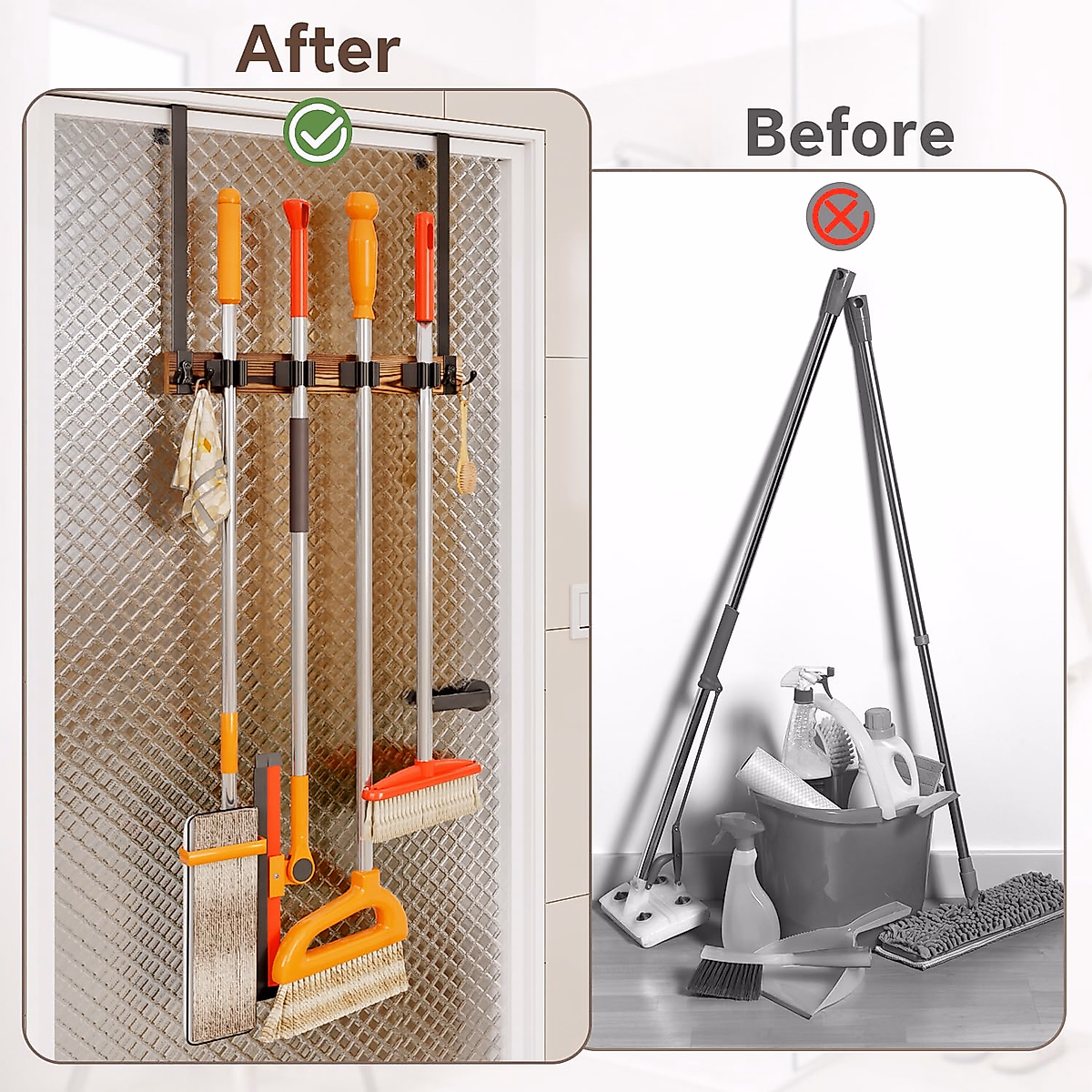 Rasdwt Broom Holder Over the Door, Wood Broom and Mop Rack, Over the Door Broom Holder, Drilling-Free Mop and Broom Holder with 2 Hooks for Garage, Laundry Room Broom Hanger and Storage Tool, Brown