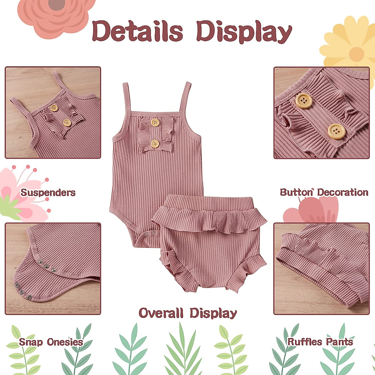 Dimoybabe Baby Girl Summer Clothes Bloomer Knit Cotton Outfits Infant Romper Strap Sleeveless Ruffle Light Pink 3-6 Months 80CM