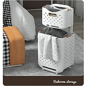 Laundry Baskets on Wheels, Laundry Trolley, Laundry Collector with 2 Layers, 2 Storage Baskets, Laundry Sorter for Bedroom, Bathroom for Clothes and Toys, Total 77L, Plastic, 75x34.5x26cm (New)