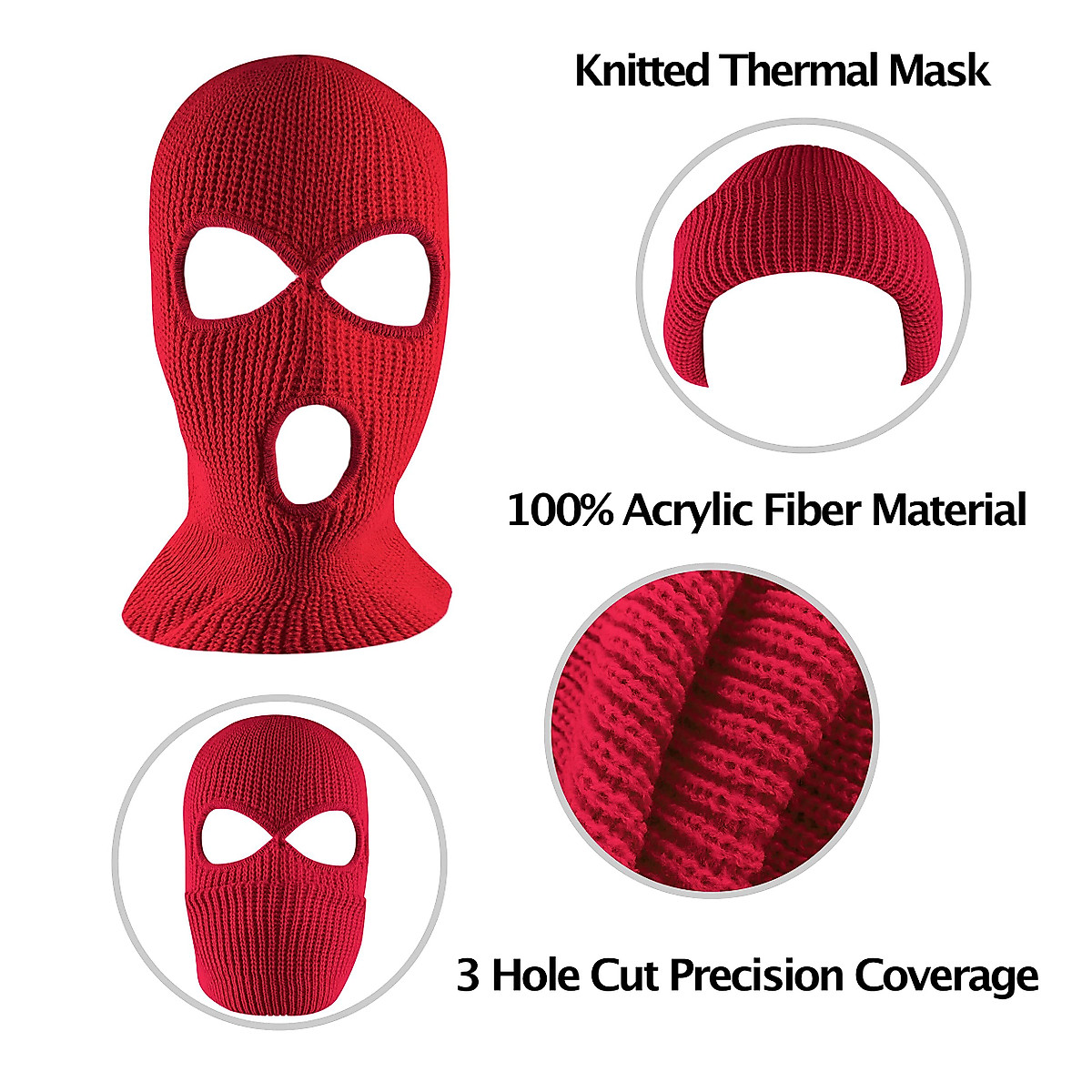 Knit Sew Acrylic Outdoor Full Face Cover Thermal Ski Mask by Super Z Outlet, Red, One Size Fits Most