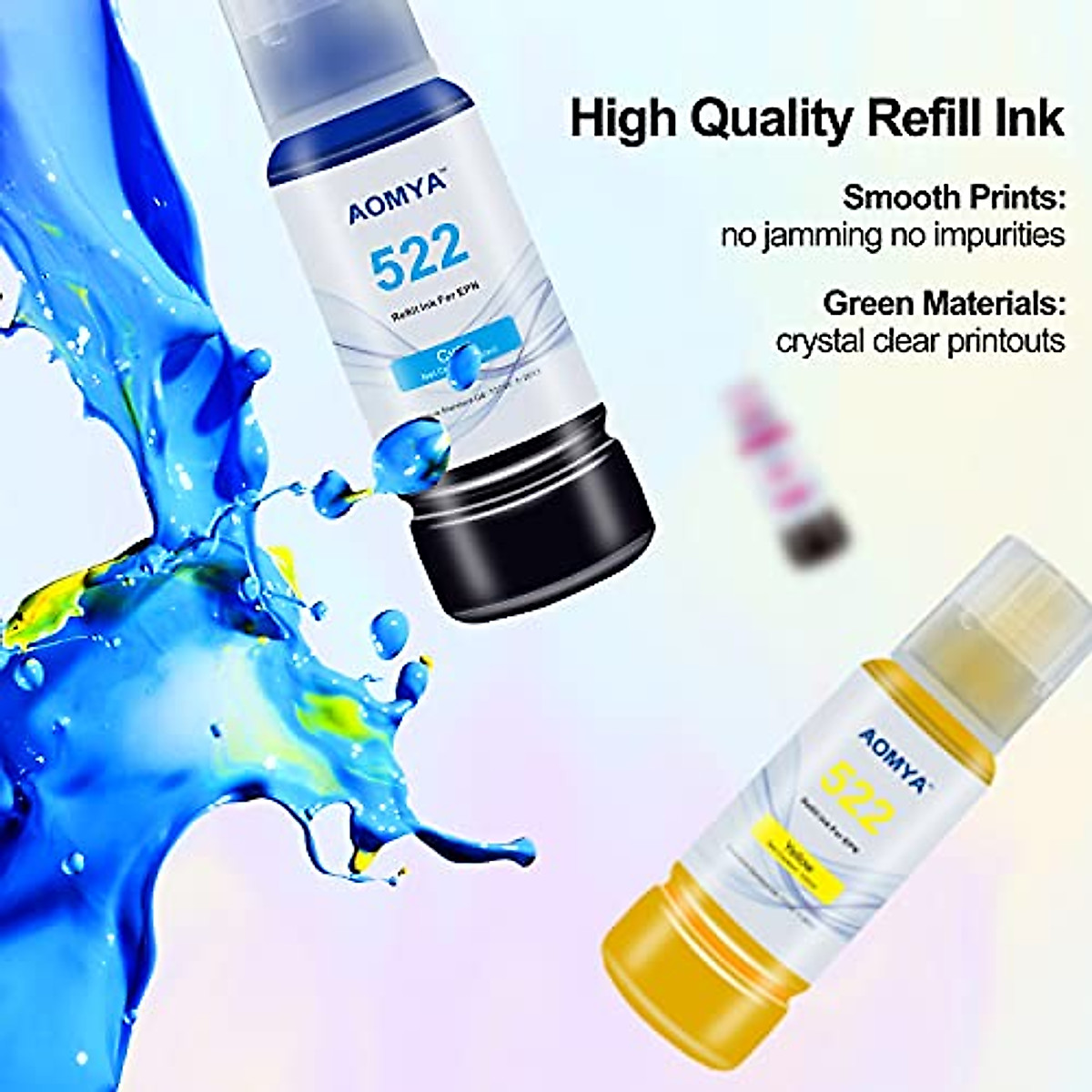 Aomya Compatible T522 Refill Ink Bottle Kit Premium Ink for EcoTank ET-2720, ET-4700 Printers Black, Cyan, Magenta, Yellow 4-Pack 100ML