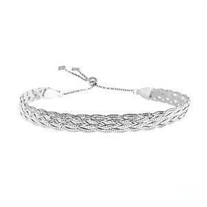 Savlano 925 Sterling Silver Braided Herringbone Chain Adjustable Bolo Slider Bracelet – 18K Gold Plated Over Silver Bracelet for Women - Made In Italy Comes with a Gift Box (White)