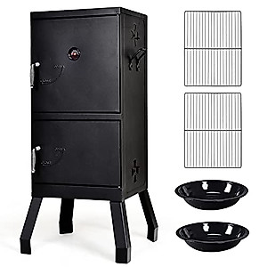 Giantex Outdoor Smoker with Double Doors, 2 Detachable Grill Netting Smoking Racks, Charcoal Pan & Water Pan, 4 Air Vents, Thermometer, Vertical Charcoal Smoker for Barbecue Camping Backyard Grill