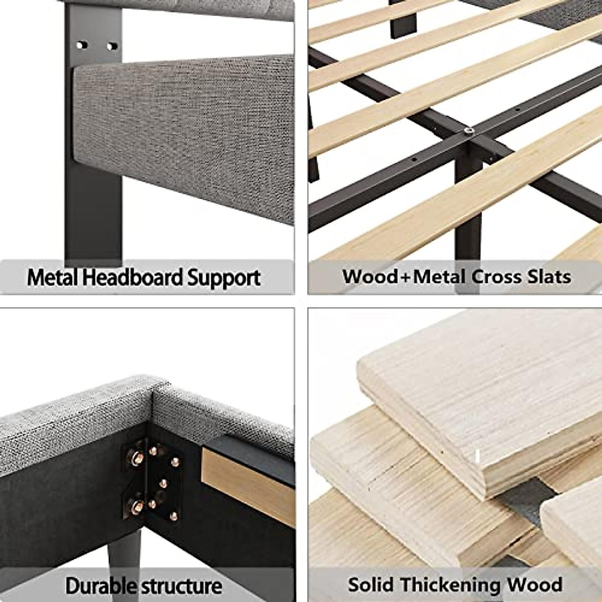 Lijimei Full Size Bed Frame with Headboard, Upholstered Bed Frame with Wood Slats Support and Platform Headboard, Mattress Foundation, No Box Spring Needed, Easy Assembly, Noise Free, Light Gray