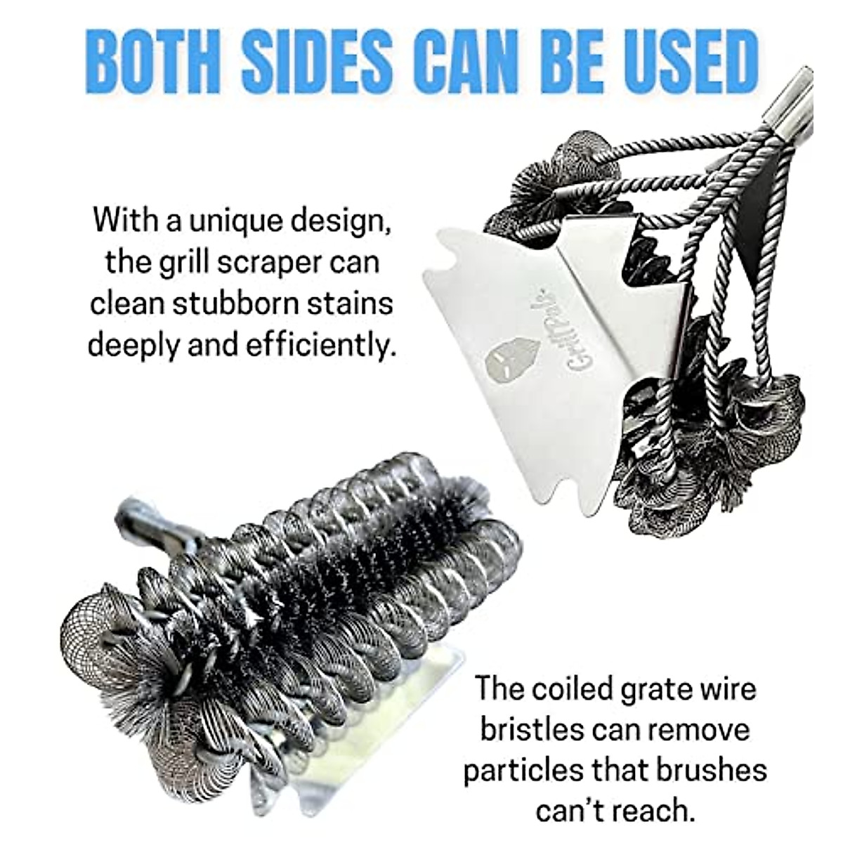 GrillPals Grill Brush & Scraper - Featured On ABC Morning News - BBQ Brush for Grill Cleaning - Stainless Steel Brush and Handle w/ Extra Wide Grill Scraper - Bottle Opener Included