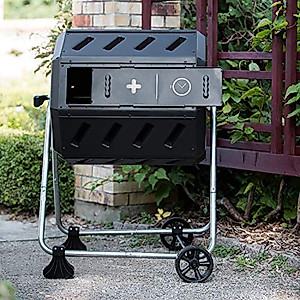 FCMP Outdoor IM4000-WK 37 Gallon Plastic Dual Chamber Tumbling Composter Outdoor Elevated Rotating Garden Compost Bin, Black/Black