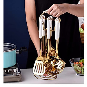 AQUAX Stainless Steel kitchenware seven Pieces Set (White Gold).Cooking Utensils 7 pcs with hanging shelf .Include Slotted Large Spoon, Soup Ladle, Spatula, Pasta spoon.