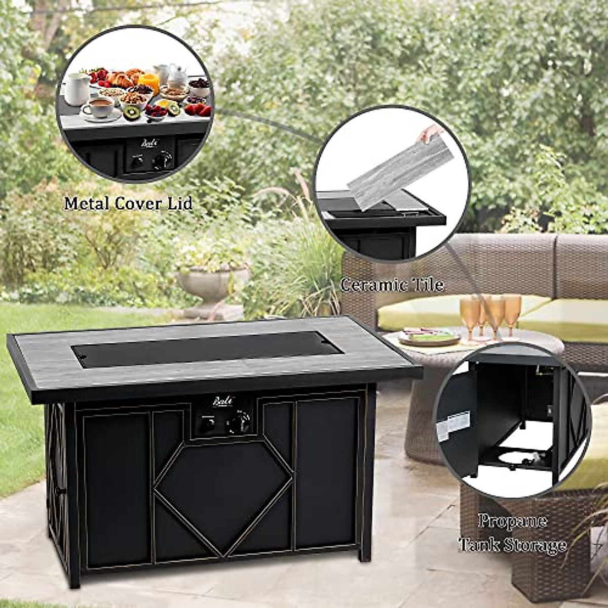 BALI OUTDOORS 42 inch Rectangular Propane Gas Fire Pit Table with Blue Fire Glass, Fire Pits Outdoor for Outside Patio and Garden