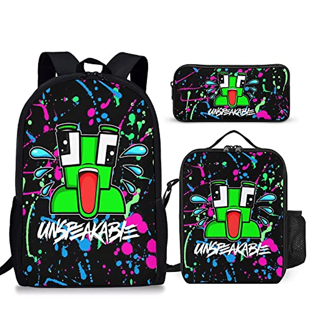 cwixnao Cartoon Backpack 3PCS Backpack Set 17inch School Backpacks with Lunch Bag Pencil Case Fans Gift for Boys Girls Students, rainbow Splash