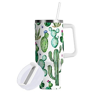 MCHIVER Cactus Succulent Floral 30 oz Tumbler with Handle and Straw Stainless Steel Vacuum Water Bottle Leak-proof Travel Coffee Mug Insulated Tumbler for Home Car Office