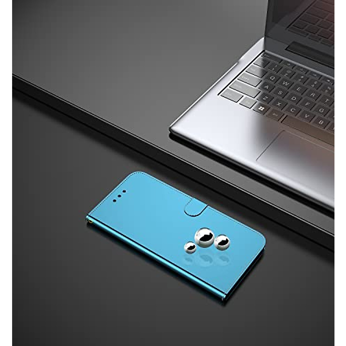 Shiny Reflective Fashion Leather Case with Card Slot forXiaomi Redmi Oppo Realme Reno Flip Case (Blue,Reno 6Pro+/Reno 6Pro Plus)