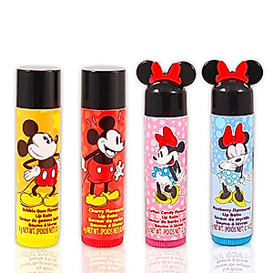 Classic Disney Disney Mickey and Minnie Mouse Lip Balm Tubes - Bundle with 4 Lip Balms in Assorted Flavors for Party Favors Plus Over 500 Minnie Stickers (Disney Lip Balm for Girls)