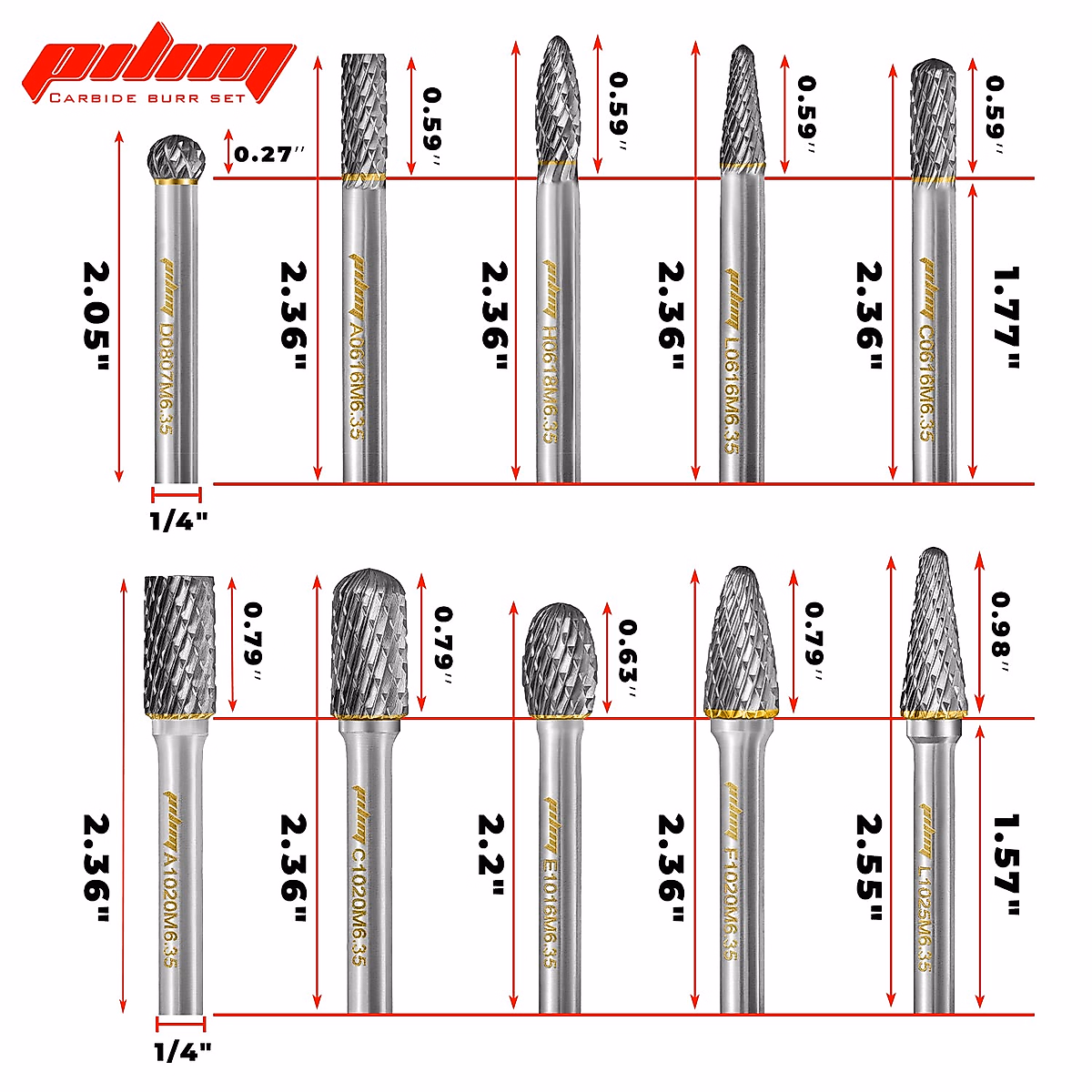 Tungsten Carbide Burr Set 1/4" Shank 10PC Double Cut Rotary Cutting Burrs Die Grinder Bits for Steel and Wood Working, Grinding, Carving, and Engraving