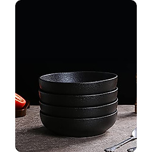 Lareina Pasta Bowls, Ceramic Salad Bowl, Large Serving Bowls, Wide and Shallow, Microwave and Dishwasher Safe, Chip and Scratch Resistant, 35 Ounce - Set of 4 (Cast Iron Black)