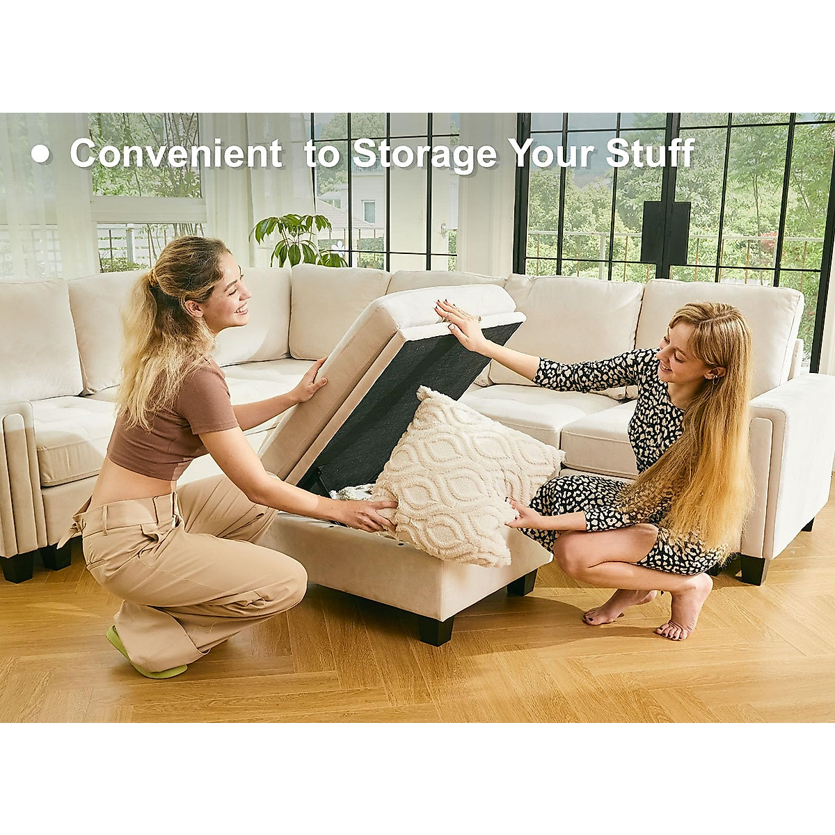 Belffin Secitonal Sleeper Sofa with Pull Out Couch Bed Modular Sectional Sofa with Storage Couch Velvet L Shaped Couch Sleeper Sofa Bed Beige