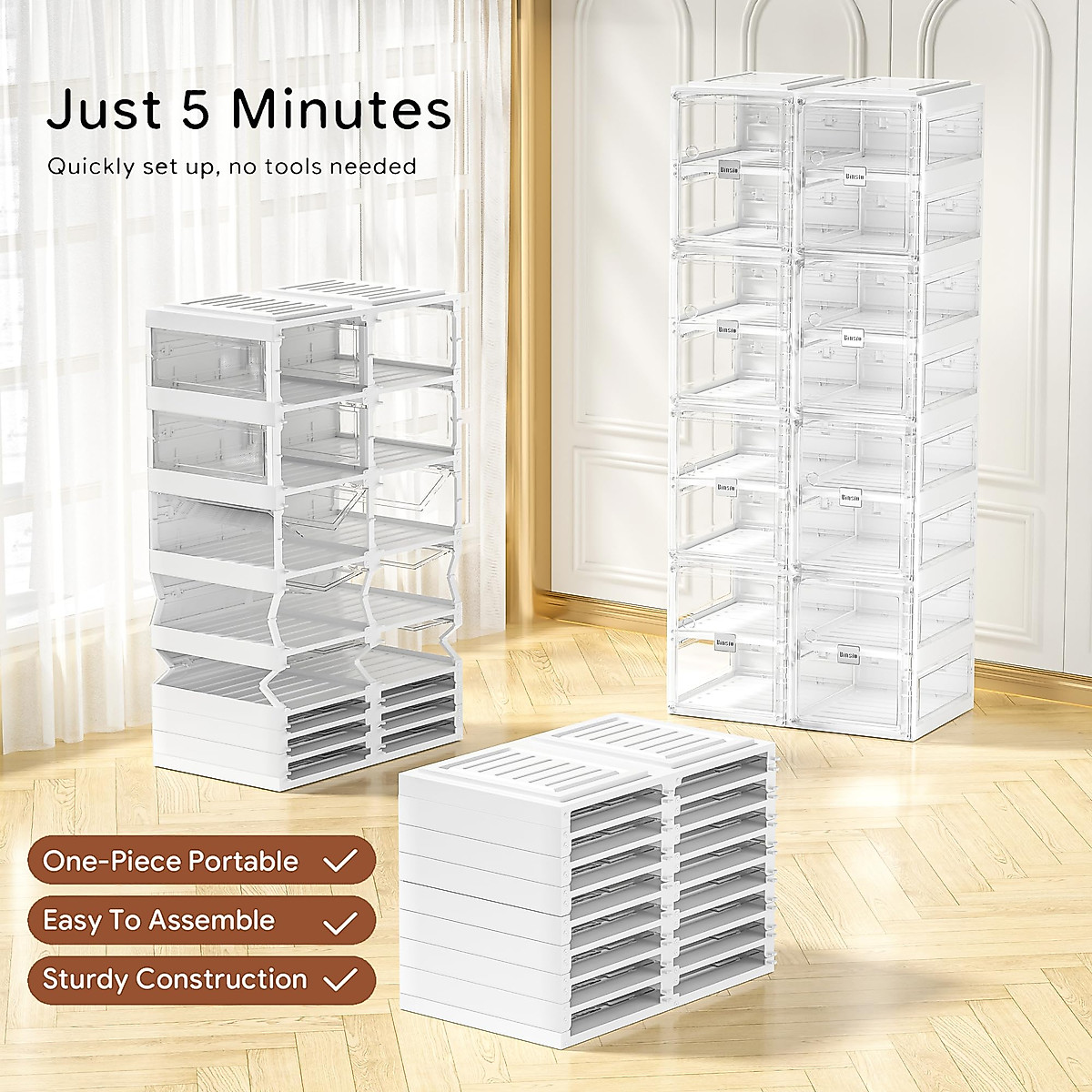 BINSIO Shoe Organizer, Portable Shoes Rack for Closet, Shoe Storage Boxes, Foldable Shoe Cabinet for Entryway, Easy Assemble Plastic Stackable Sneaker Bins with Magnetic Clear Doors, 8 Tiers 16 Pairs