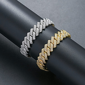 LKV 14K 14mm Zircon Diamond Miami Cuban Chain Bracelet Gold Plated Hip Hop Iced Out CZ Link Chain Bracelet for Men and Women(gold 8inch)