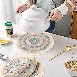 LUOZZY 4 Pcs Round Braided Placemats Table Mats Farmhouse Jute Table Mats with Pompom Tassel