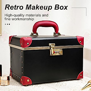 urecity Portable Retro Leather Makeup Train Case Cosmetic Organizer Case Leather Storage Box with Combination Lock (12.5", Black)