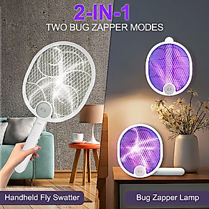 Foldable Electric Fly Swatter Racket, USB Rechargeable with 1200mAh Battery, Large 2 in 1 Bug Zapper Racket, Fly Killer and Mosquito Trap Lamp, for Indoor and Outdoor Home Backyard Patio Camping
