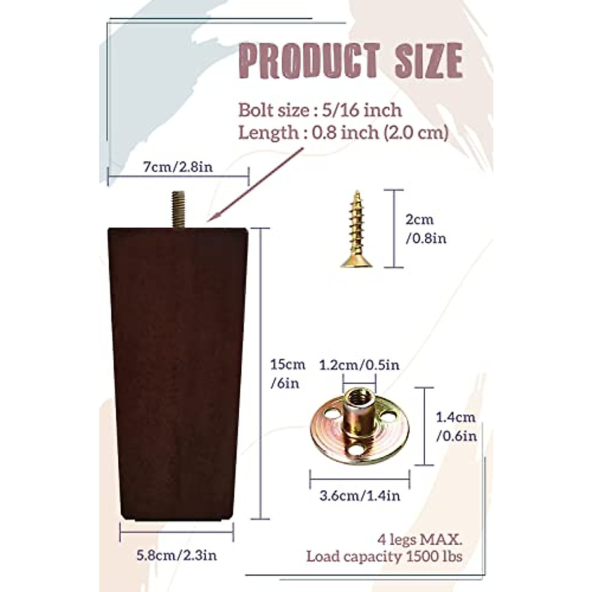 6 Inch Wooden Sofa Legs Set of 4, Brown Square Wood Furniture Feet Couch Legs, Mid Century Modern Dresser Replacement Feet for Chair Cabinet Armchair Recliner Table Or Home DIY Projects Bun Feet