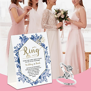 Put A Ring on It Game(50 Rings with One Sign), Don't Say Wedding or Bride Game, Fun Bridal Shower Game, Bridal Shower Decorations Geometric Frame Blue Floral-JZDS06