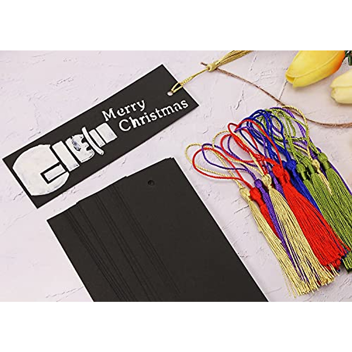 Penta Angel Bookmark with Tassel 20pcs Blank Kraft Paper Cardstock Bookmarks Gift Tags and 20pcs Random Color Handmade Tassels for Earring Key Chain Jewelry Making and Craft DIY (Black, 5.5x2inch)