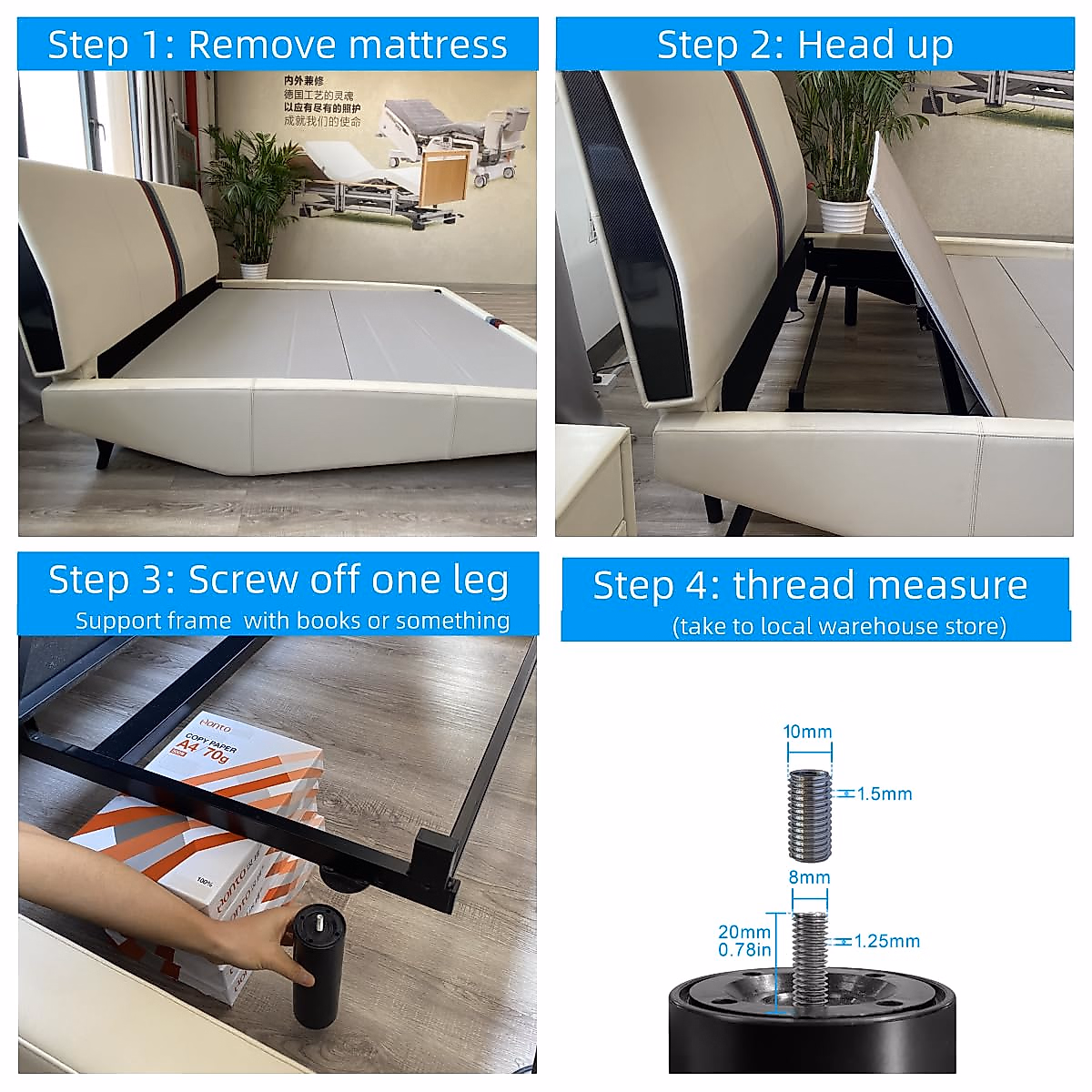 Skuehod 3 Inches Metal Bed Legs Replacement for Electric Adjustable Bed Base Frame, Thick Heavy Duty Bed Frame Support Legs (3 inches, M8 Thread)