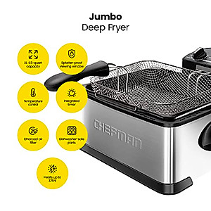 Chefman 4.5 Liter Deep Fryer w/Basket Strainer, XL Jumbo Size, Adjustable Temperature & Timer, Perfect for Fried Chicken, Shrimp, French Fries, Chips & More, Removable Oil-Container, Stainless Steel