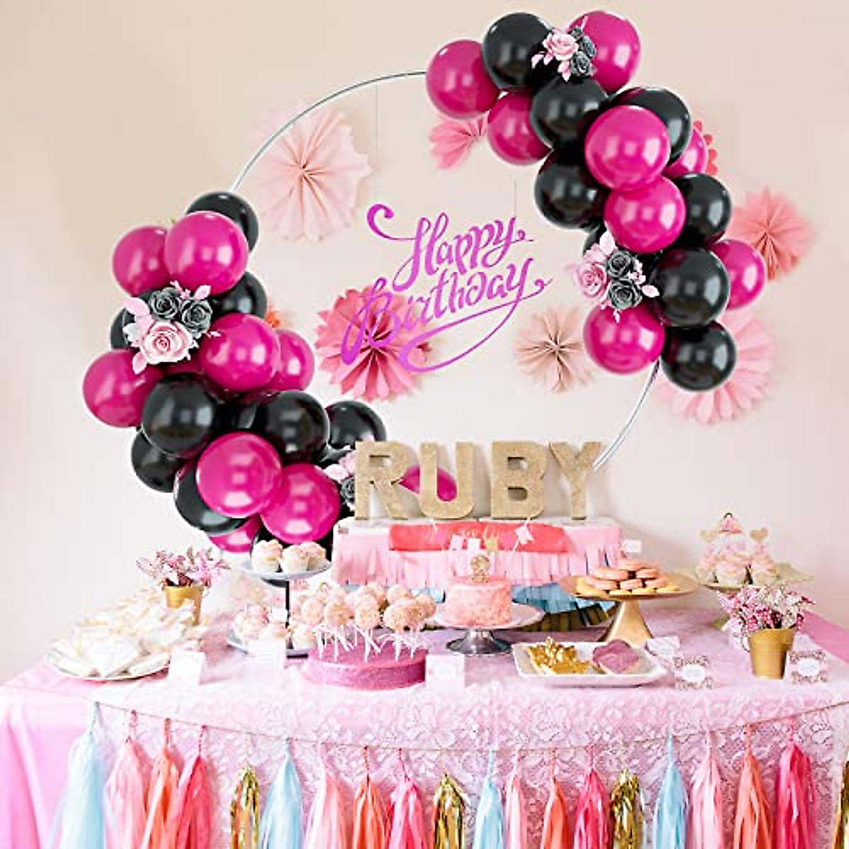 Balloons Black and Hot Pink, 50PCS Hot Pink Black Balloon Arch Kit, Hot Pink Latex Balloons For Birthday Decoration Wedding Baby Shower Engagement DIY Hula Hoop Balloons Arch Decoration Party Supplies