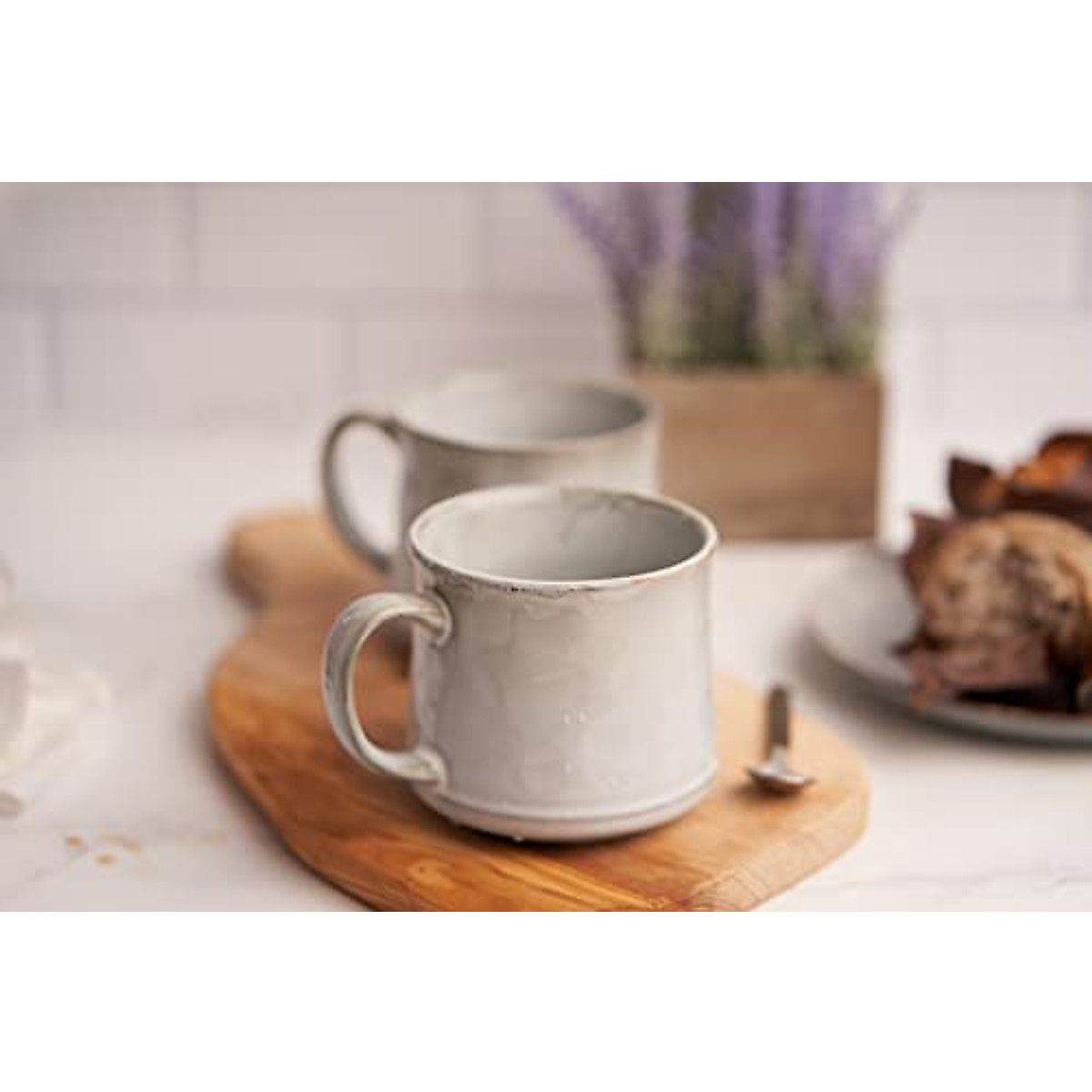 Kook Glazed Coffee Mugs, Ceramic, Microwave & Dishwasher Safe, 15 oz, Java/Slate, Set of 2 (Java/Slate Circled)
