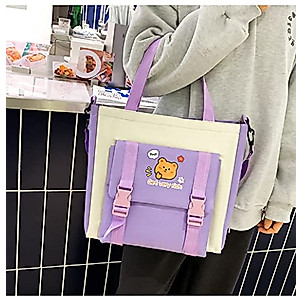 5pcs Cute Aesthetic Backpack Set for Girls Kawaii Large Canvas Shoulder Bag Preppy School Accessories (Purple)