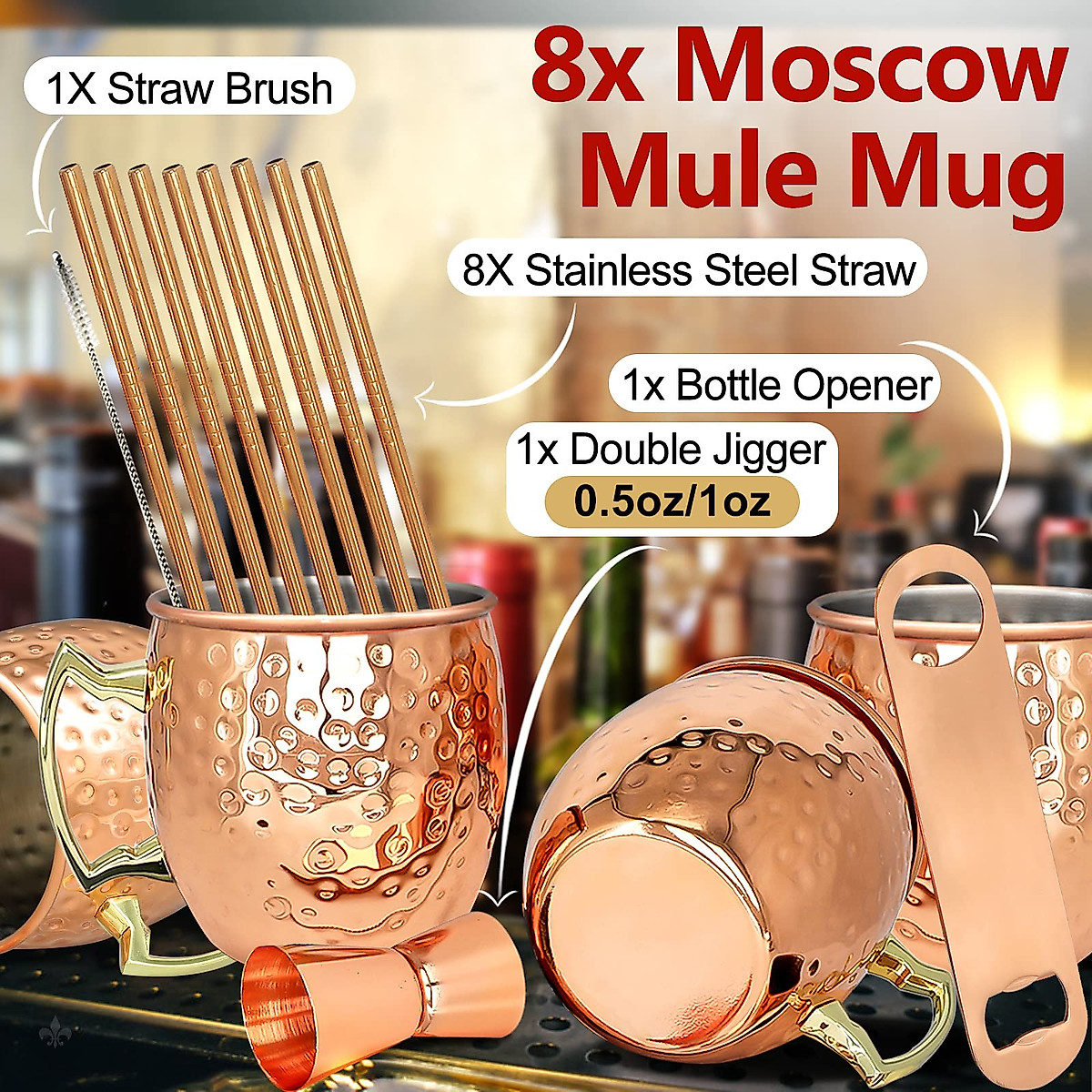 Moscow Mule Copper Mugs- Set of 8 Copper Plated Stainless Steel Mug 18oz, for Chilled Drinks (8 pcs)
