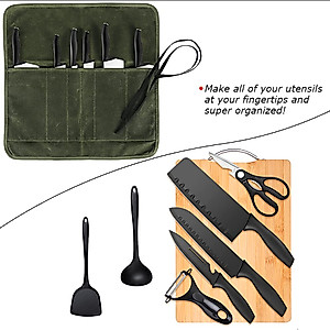 HRX Package Waxed Canvas Knife Roll, Portable Chef Knife Bag Carrying Case Small Butcher Knife Cutlery Carrier for Travel Camping