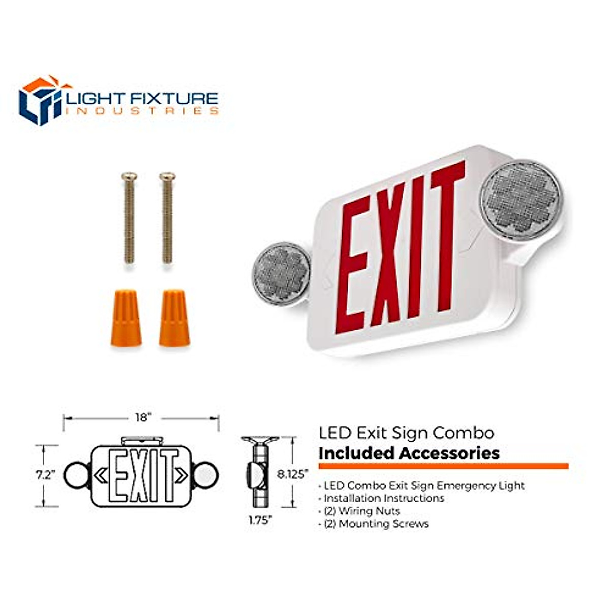 LFI Lights | Combo Red Exit Sign with Emergency Lights | White Housing | All LED | Two Adjustable Round Heads | Hardwired with Battery Backup | UL Listed | (2 Pack) | COMBOJR2-R