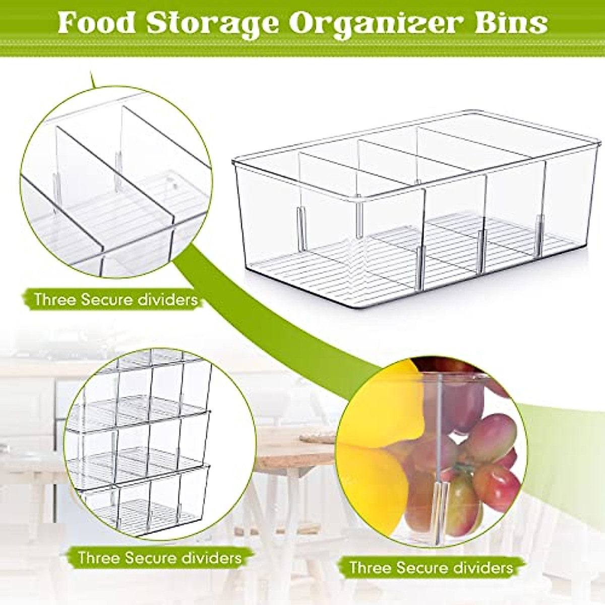 12 Pcs Food Storage Organizer Bins Acrylic Snack Organizer for Pantry Clear Bins with 3 Removable Dividers Refrigerator Organizer Bins Stackable Storage Bins Containers for Kitchen Fridge Cabinet