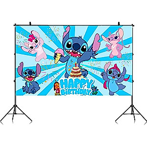 5x3ft Stitch Birthday Party Backdrops Supplies, Cute Little Monster Theme Birthday Party Favors Photography Background Banner for Kids Boys Girls Baby Shower Party Decoration