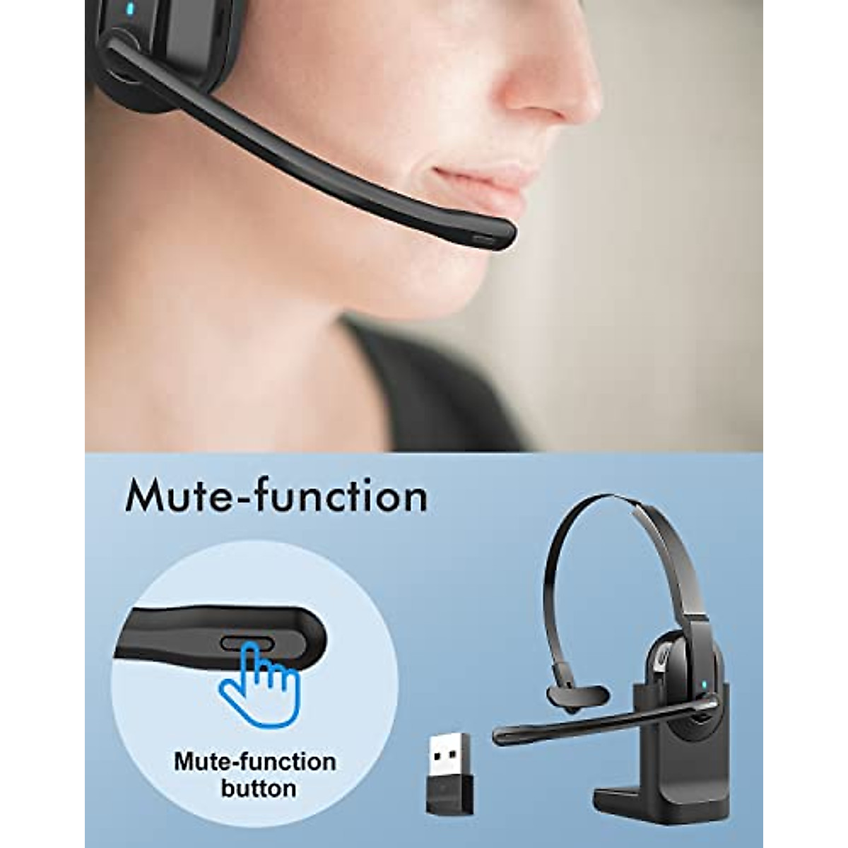 ASIAMENG Bluetooth Headset with Microphone(AI Noise Cancelling) USB Dongle, Trucker Wireless Headset with Mute Key Charging Stand 50H Talk Time Headset for Computer PC Laptop Cell Phones Home Office
