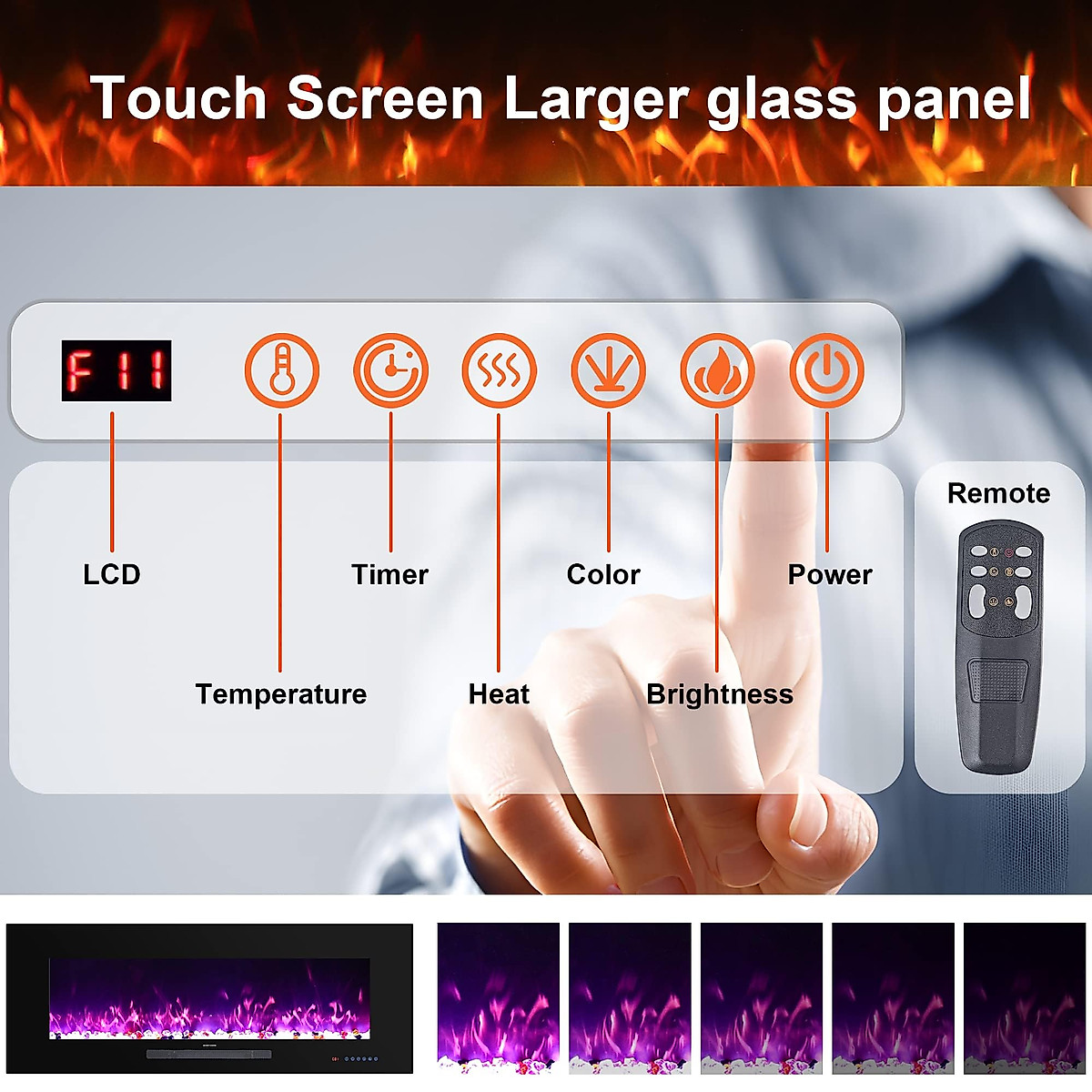 Oxhark Flame 50 inch Electric Fireplace, Wall Mounted and Recessed Fireplace Insert with Remote Control, 13 Flame Effects, 5 Brightness, Realistic Logs & Crystals, 1500W(5100BTU), Timer, Black