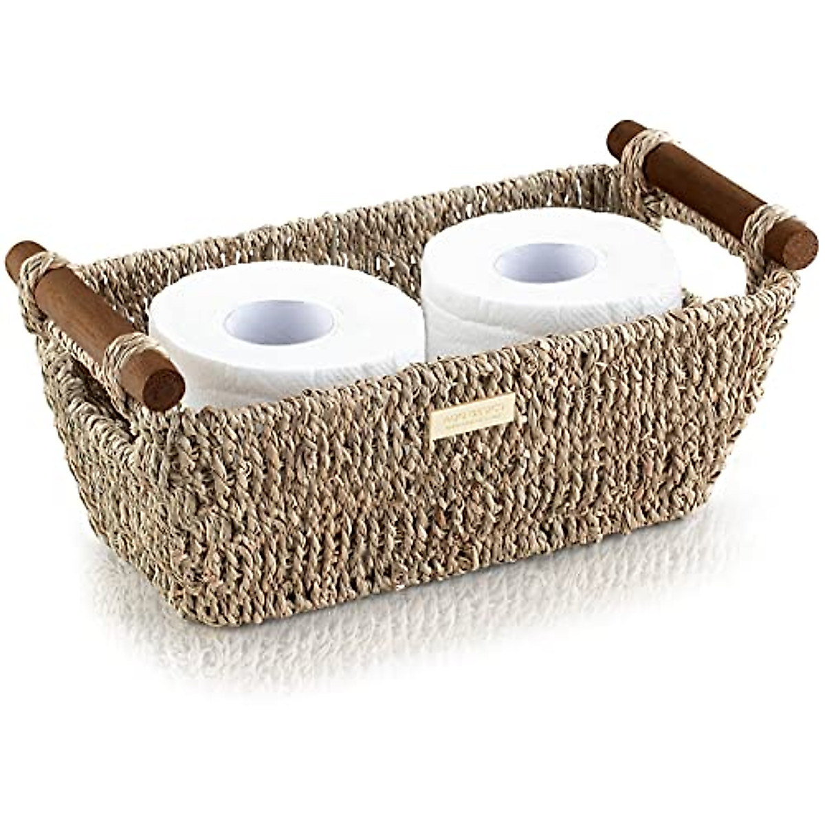ADO Basics Seagrass Hand Woven Basket with Stain Resistant Polished Wooden Handles, Toilet paper Storage Wicker Baskets 12 inches Length, 6.29 inches Width, 4.25 inches Height, Natural