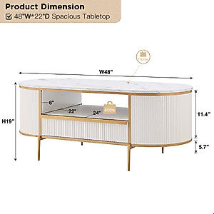 OKD Modern Luxury Fluted Coffee Table, 48" Oval Coffee Table with Drawer, Faux Marble Top, Curved Profile Design, Gold Metal Decor, Center Table for Living Room, Solid White