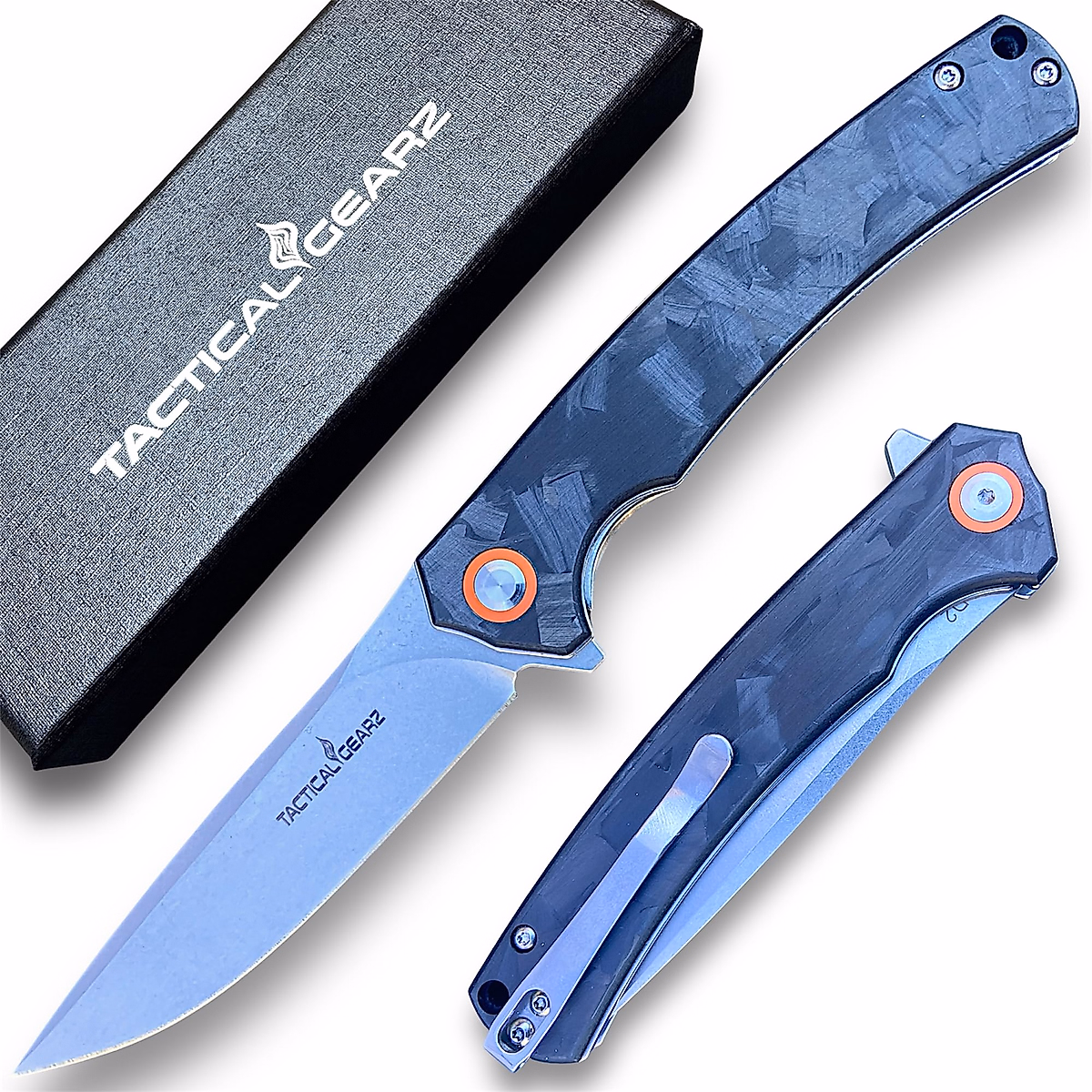 TACTICAL GEARZ Pocket Folding Knife for EDC! Carbon Fiber Handle! D2 Steel Blade! Includes Sheath! (Okab)