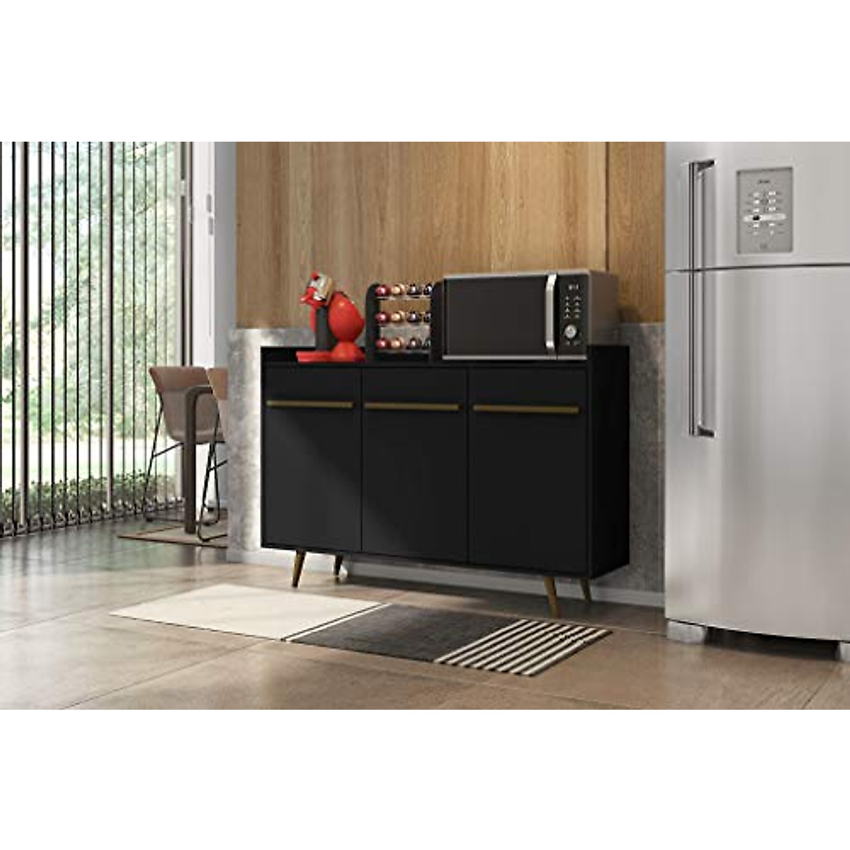 Manhattan Comfort Bradley Mid Century Modern Dining Room 4 Shelves Buffet Stand Cabinet, 53.54", Black