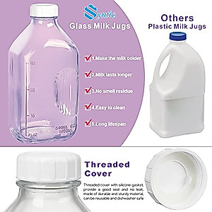 4 Pack 2 Qt Glass Milk Bottles with Airtight Reusable SCREW LID - 64 Oz Glass Juice Bottles, 1/2 Gal Glass Water Bottles, Glass Milk Jug Pitcher with 2 Exact Scale Line, Extra Free 4 Lid and 8 Handle!
