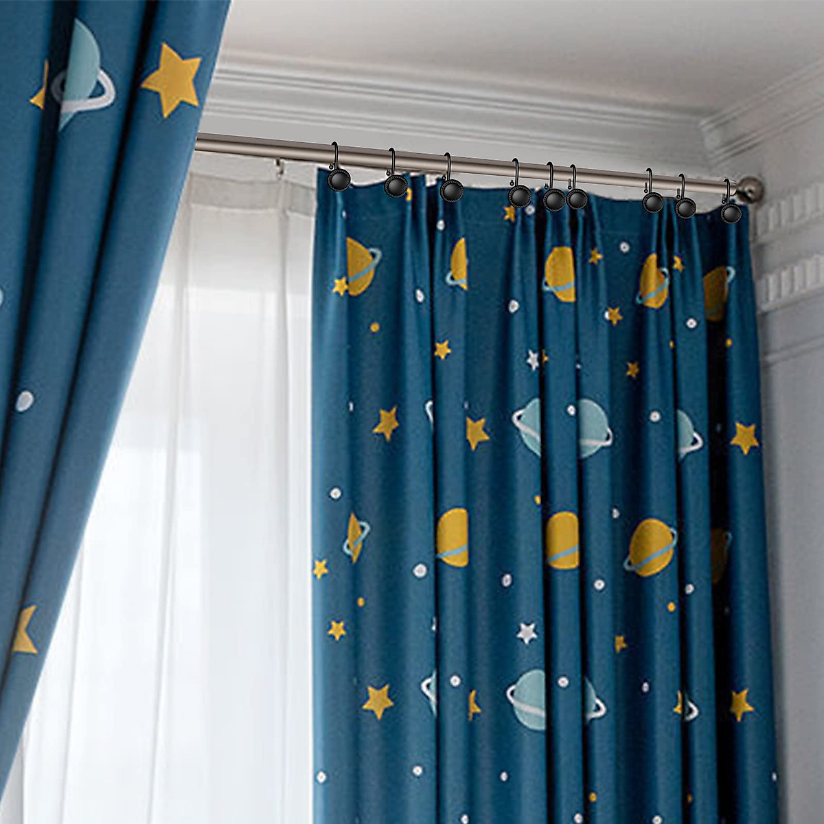 Shower Curtain Hooks Set of 12, Rust Proof Black Shower Curtain Hooks for Bathroom