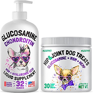 Hemp Hip & Joint Supplement for Dogs 30 Soft Chews and Liquid Glucosamine for Dogs Bacon Flavour with Chondroitin, MSM & Hyaluronic Acid 32 oz