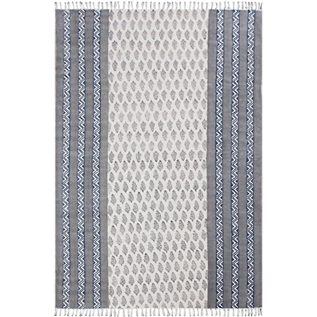 Casavani Hand Block Printed Cotton Dhurrie Striped Tassel Rug Boho Area Rug Easy Care Washable Rugs for Doormat Entryway Living Room Bedroom Hallway Balcony 6x6 Feet Square