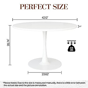Recaceik Modern Round Dining Table, 42.1'' Tulip Table with MDF Table Top & Metal Pedestal Base for Dining Room Living Room Cafe w/ 0.71” Thickened Tabletop for 4-6 People, White